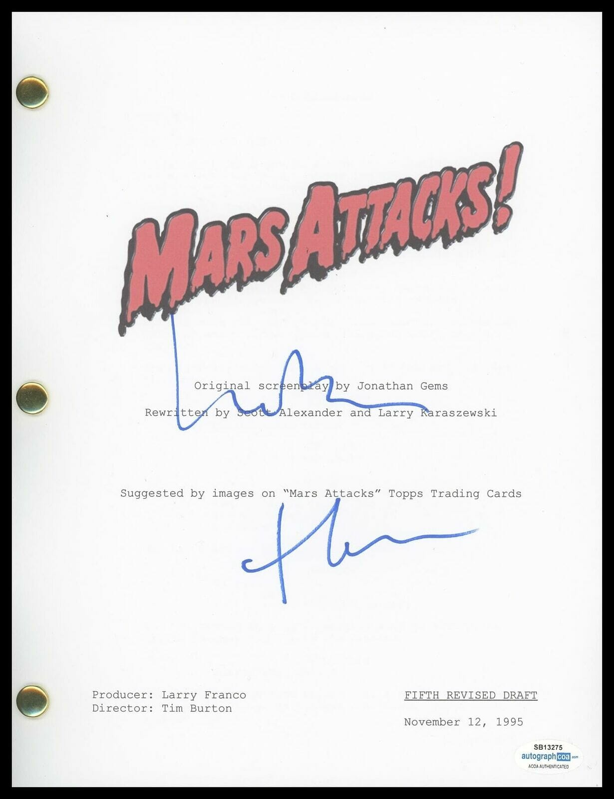 Lukas Haas "Mars Attacks!" AUTOGRAPH Signed Full Complete Script Screenplay ACOA | Autographia