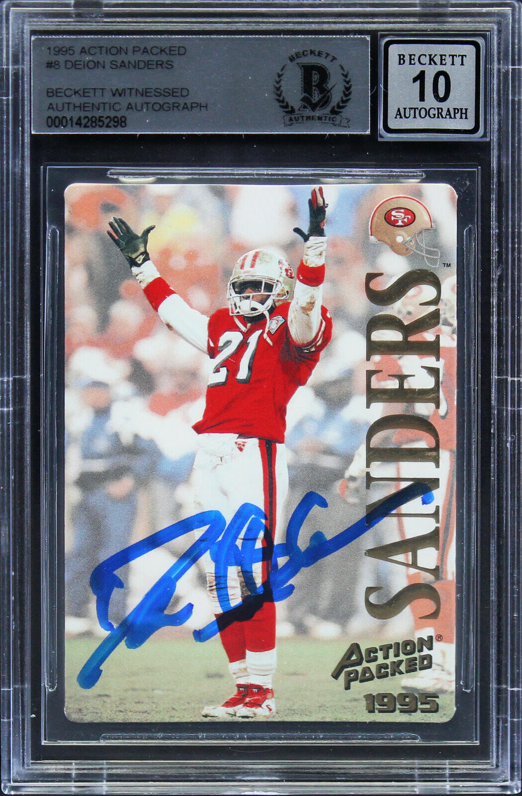 49ers Deion Sanders Authentic Signed 1995 Action Packed #8 Card Auto 10 BAS Slab | Autographia