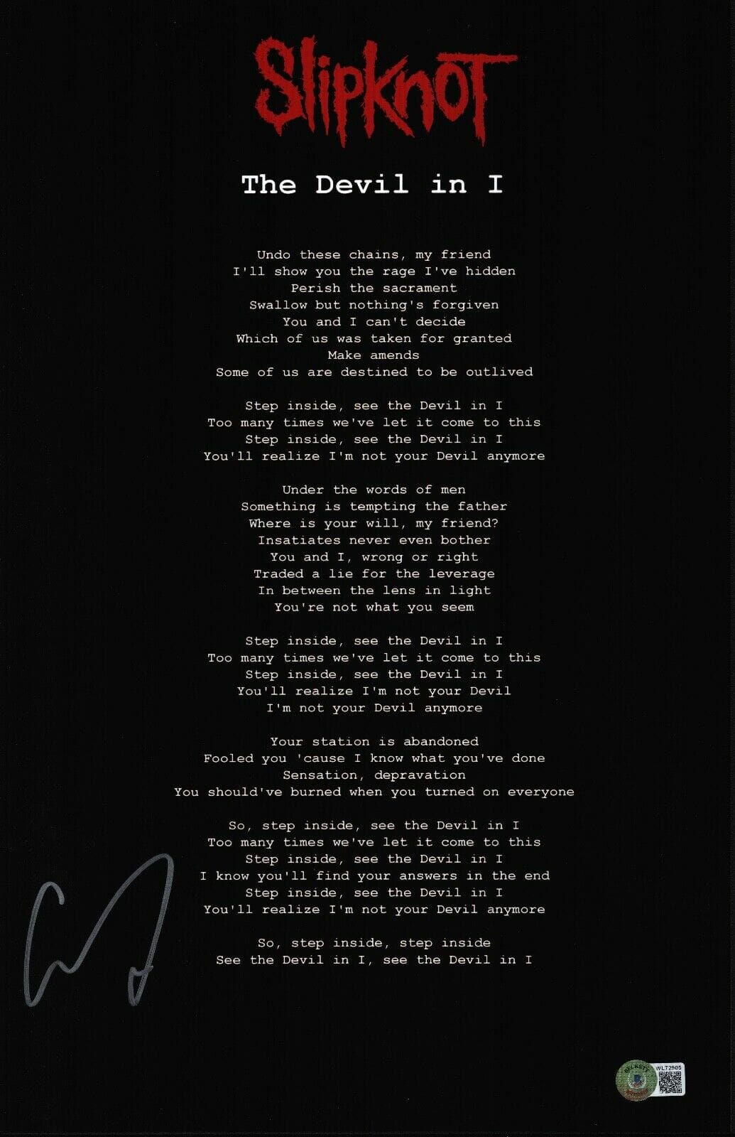 Corey Taylor Signed Slipknot The Devil In I Lyrics 11x17 Poster Beckett COA | Autographia
