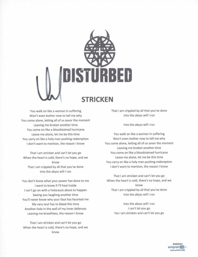 David Draiman Signed Autographed Disturbed Stricken Song Lyric Sheet ... David Draiman Signed Autographed Disturbed Stricken Song Lyric Sheet ...