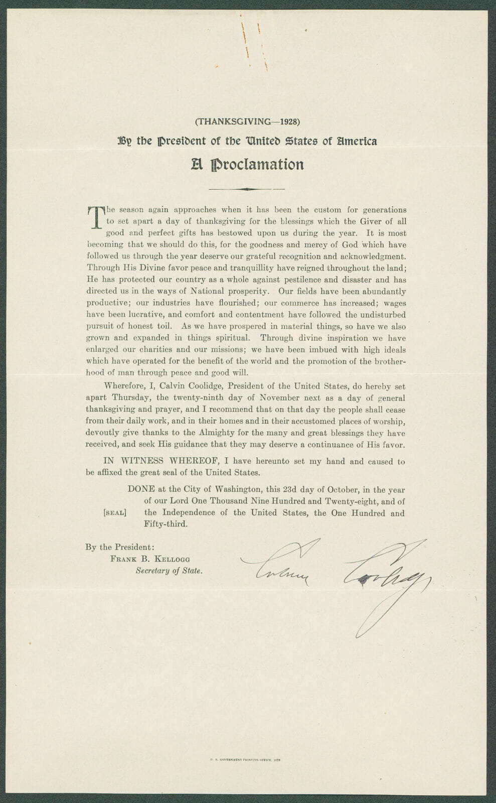 Calvin Coolidge Signed 8x13 1928 Thanksgiving Proclamation Document JSA ...