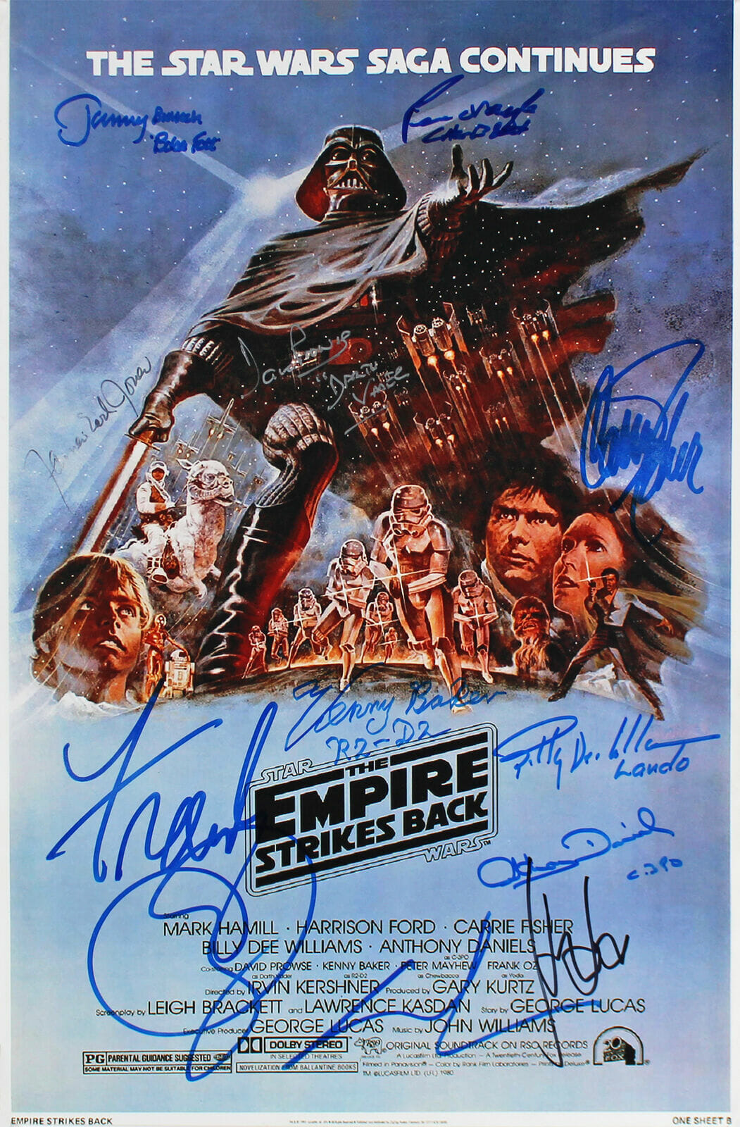 (11) Ford, Fisher, Lucas, Oz, Jones +6 12x18 Star Wars ESB Poster BAS # ...