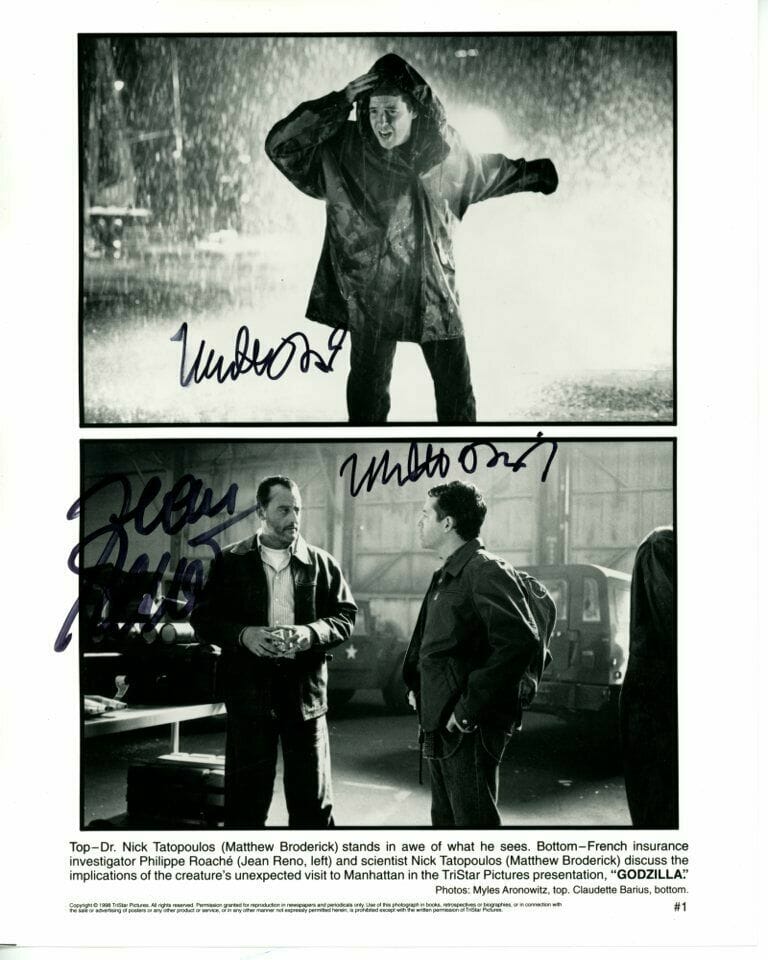JEAN RENO and MATTHEW BRODERICK Signed 8x10 GODZILLA Photo w/ Hologram ...