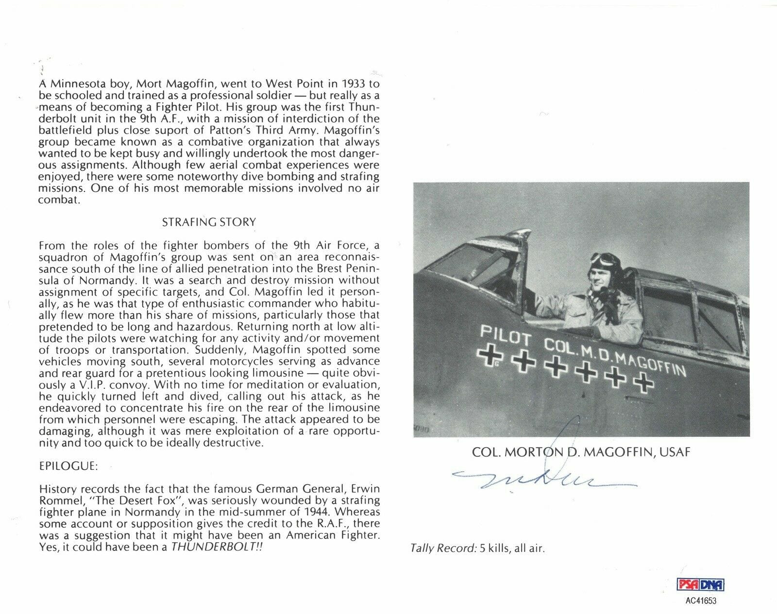 MORTON MAGOFFIN SIGNED 8X10 (D) PSA DNA AC41653 WWII ACE 5 KILLS Opens ...