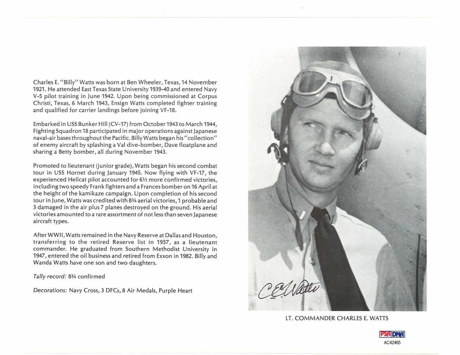 BILLY WATTS SIGNED 8X10 PSA DNA AC42465 WWII ACE 8.75 KILLS Opens in a ...