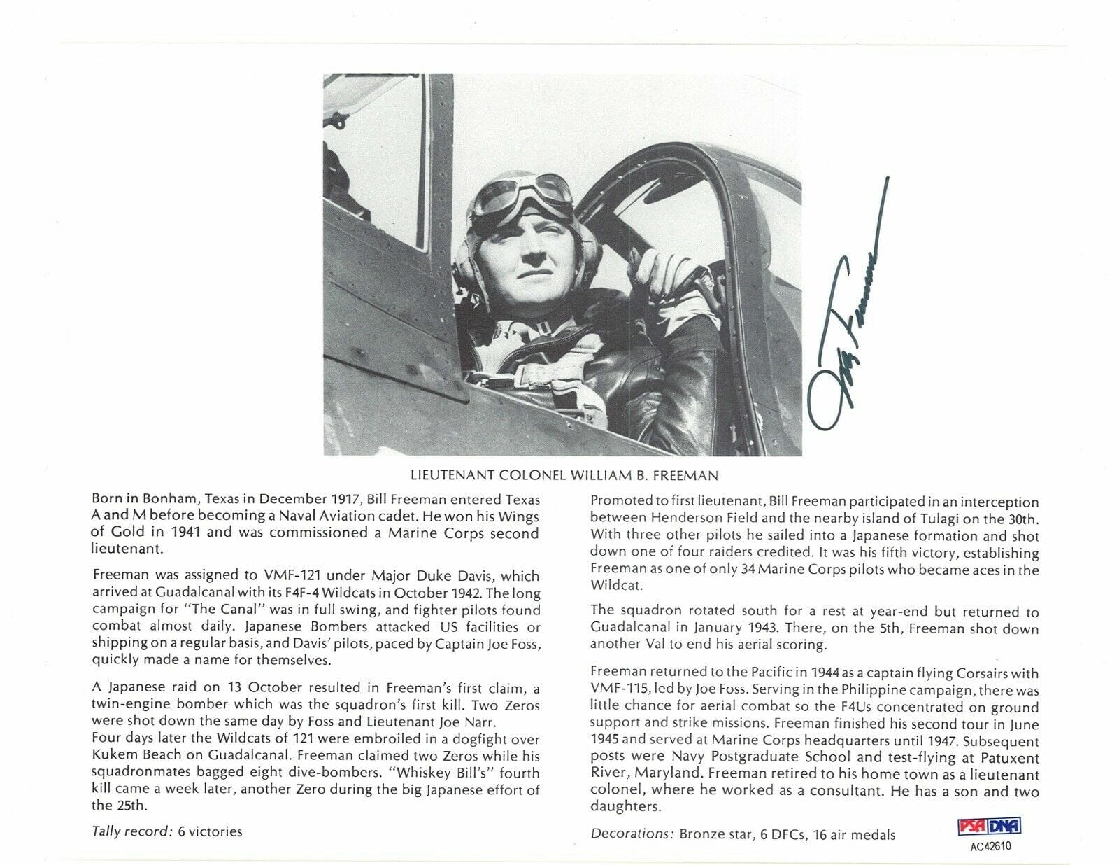 WILLIAM FREEMAN SIGNED 8X10 (D) PSA DNA AC42610 WWII ACE 5 KILLS Opens ...