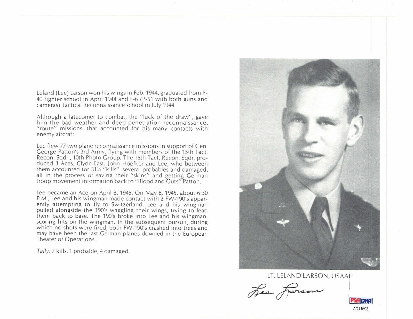LELAND LARSON SIGNED 8X10 (D) PSA DNA AC41593 WWII ACE 7 KILLS Opens in ...