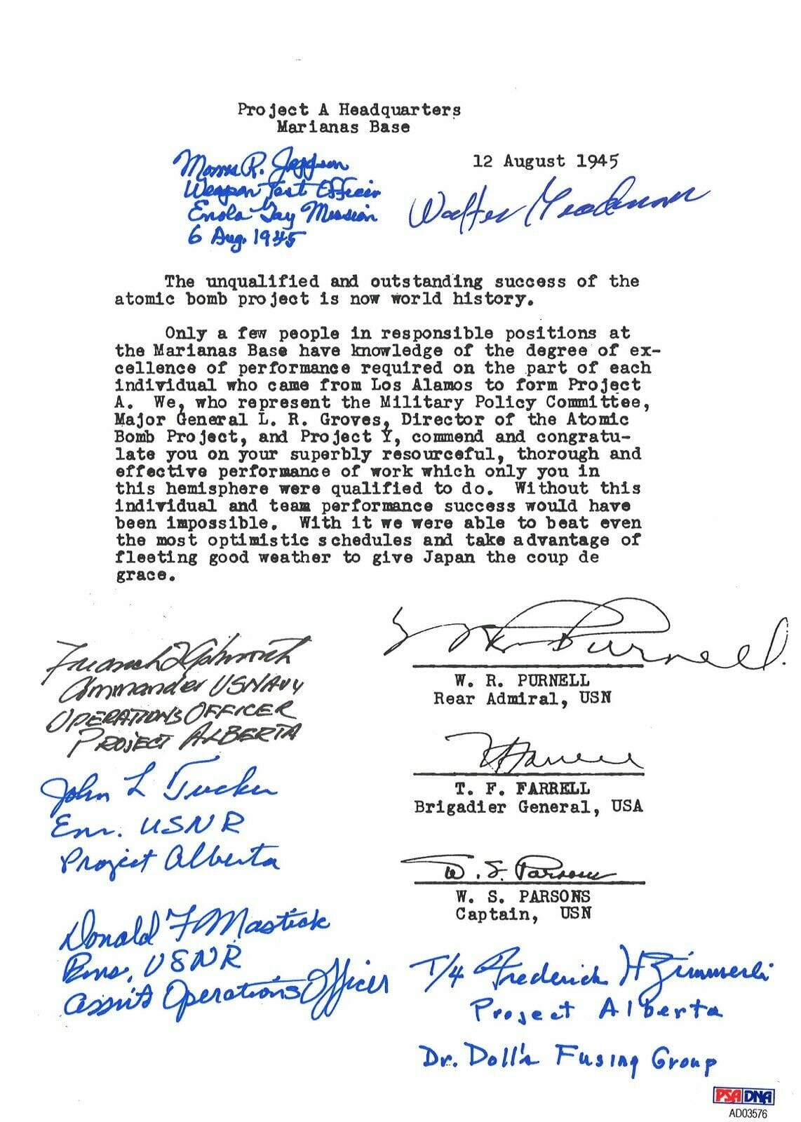 MULTI SIGNED PROJECT ALBERTA DOCUMENT PSA/DNA AD03576 X6 WWII ATOMIC ...