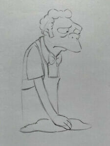 SIMPSONS CARTOON ANIMATION ART PENCIL CEL DRAWING OF MOE THE BARTENDER ...