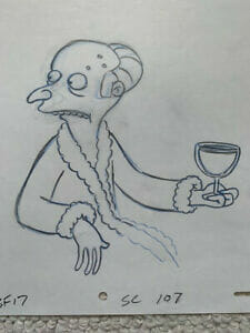 SIMPSONS CARTOON ANIMATION ART PENCIL CEL DRAWING OF MR BURNS DRINKING ...