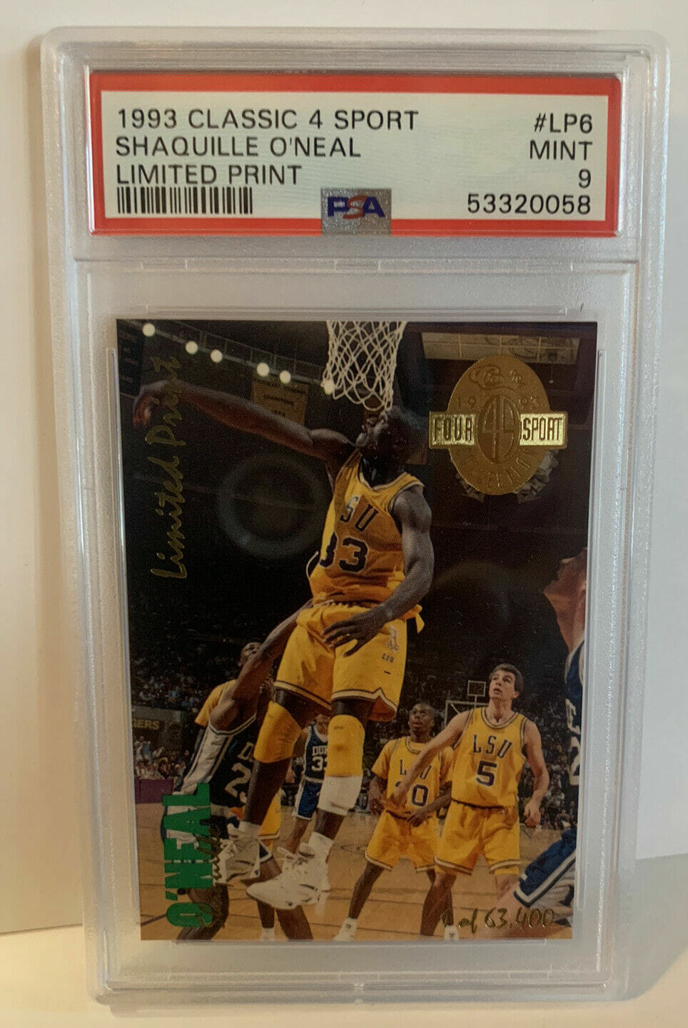 1993 Classic 4 Sport Limited Print #LP6 Shaquille O'Neal LSU HOF PSA 9 ...