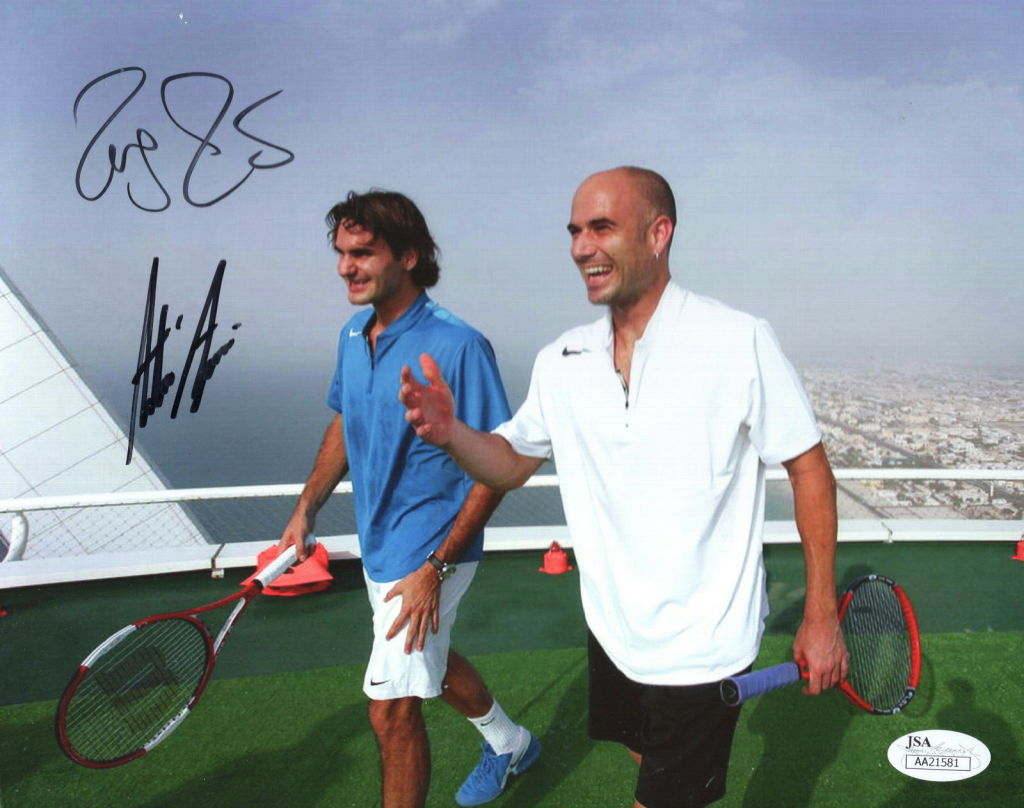 ROGER FEDERER+ANDRE AGASSI AUTOGRAPHED 8x10 COLOR PHOTO BOTH SIGNED JSA ...