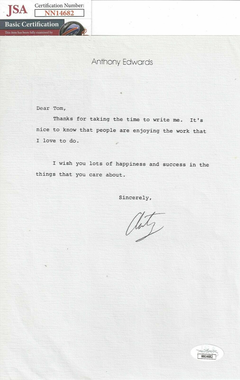 ANTHONY EDWARDS Signed Autograph Letter on Letterhead JSA Top Gun E.R ...