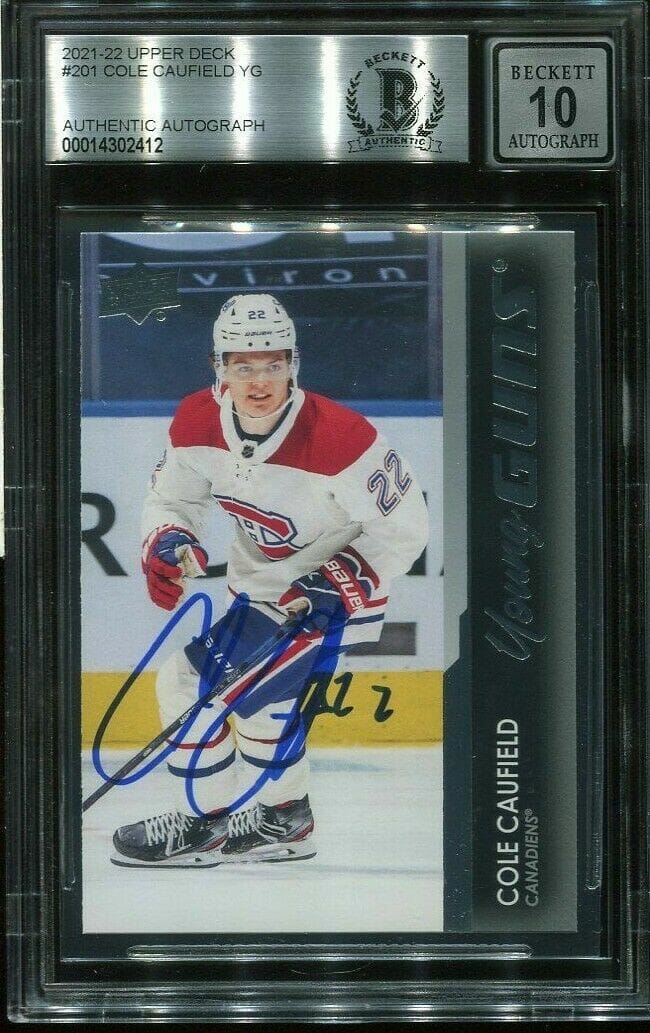 COLE CAUFIELD signed 2021-22 UD YOUNG GUNS ROOKIE CARD RC YG BECKETT 10 ...