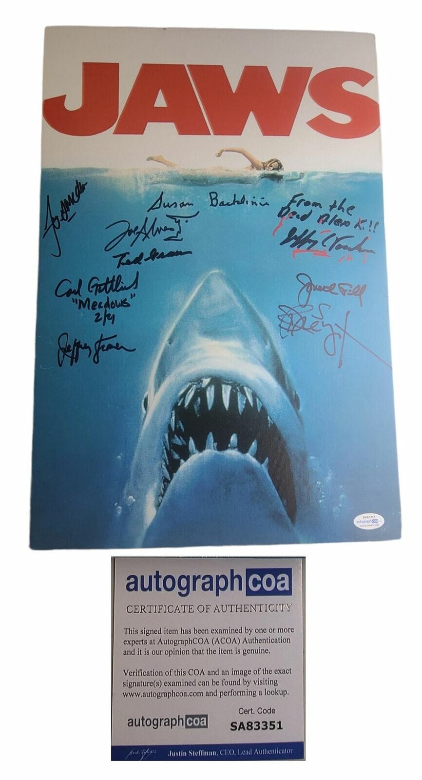 Jaws Cast x9 Autographed Signed 12x18 Canvas Poster ACOA Exact Video ...