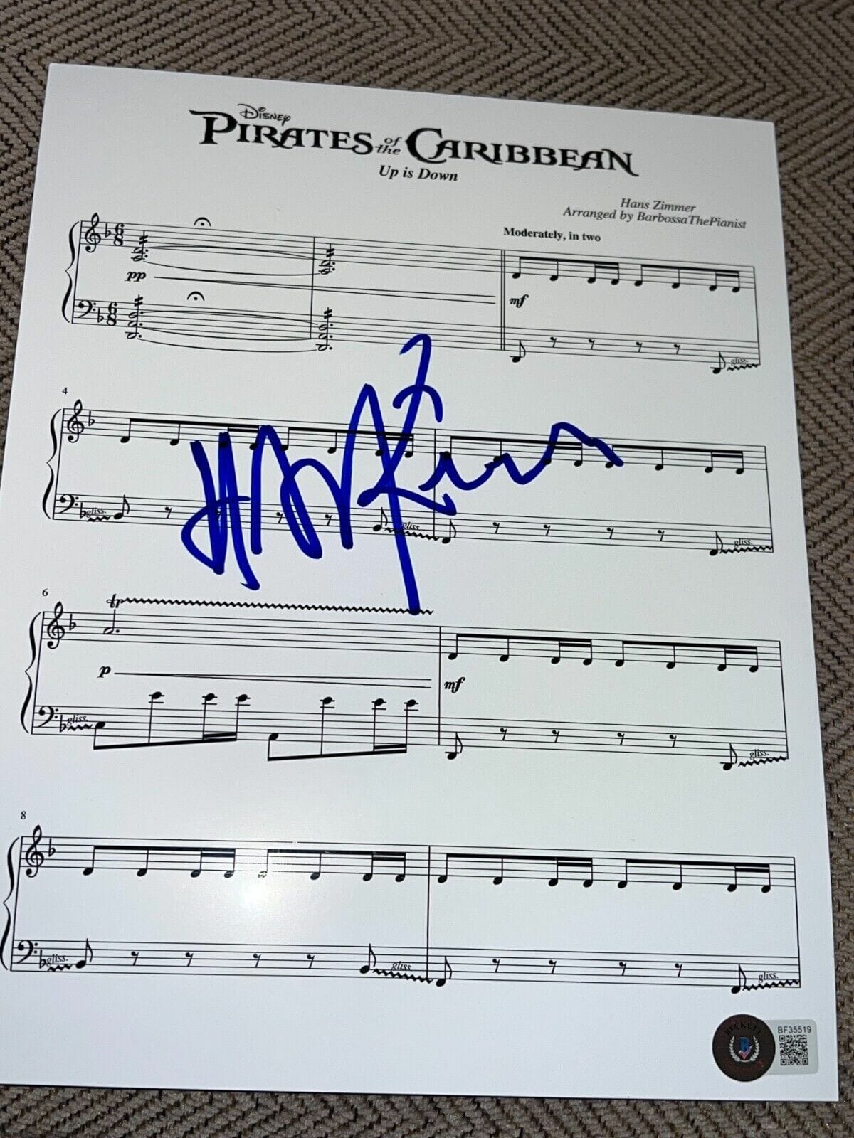 HANS ZIMMER SIGNED AUTOGRAPH SHEET MUSIC PIRATES OF THE CARIBBEAN ...
