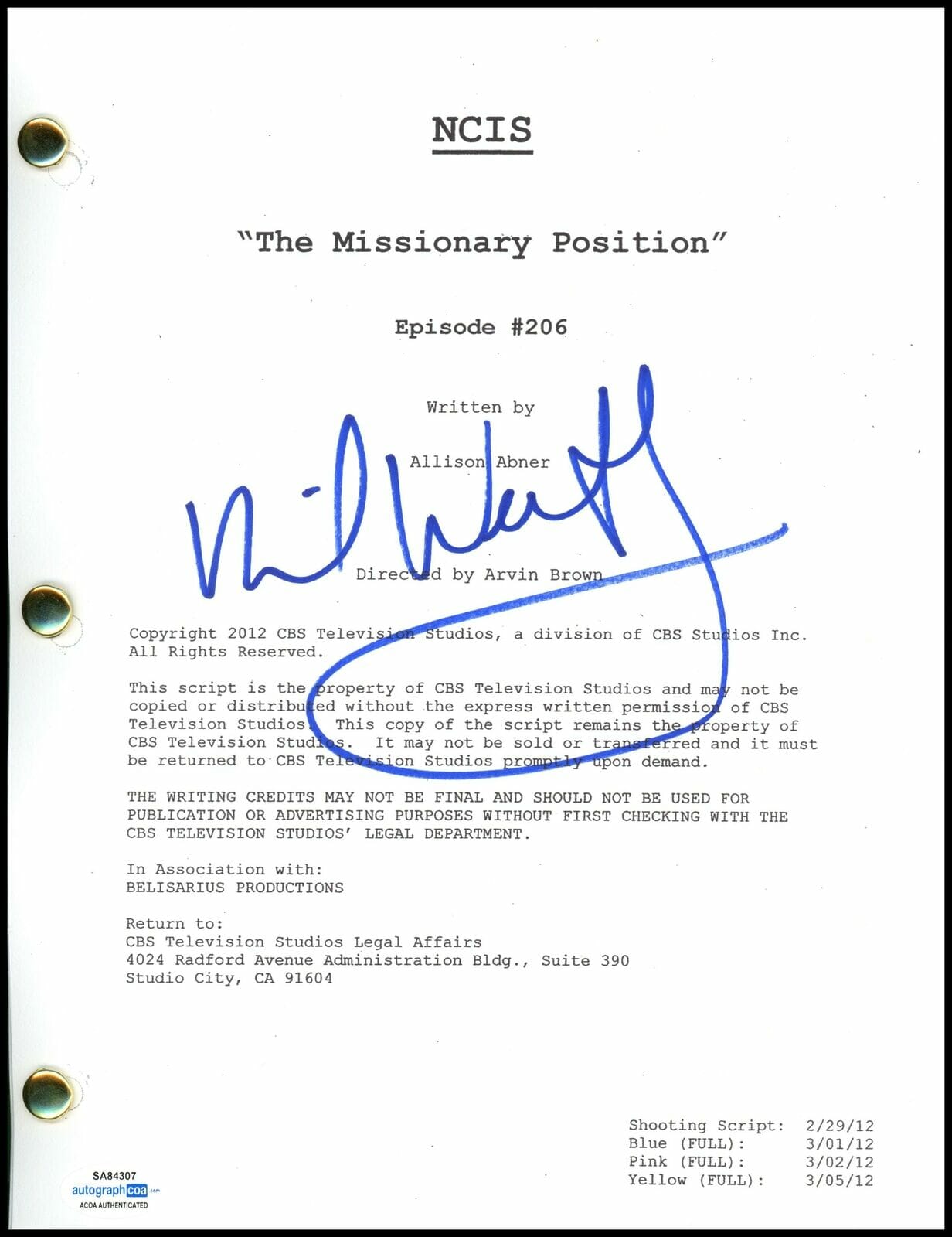 Michael Weatherly "NCIS" AUTOGRAPH Signed 'The Missionary Position ...