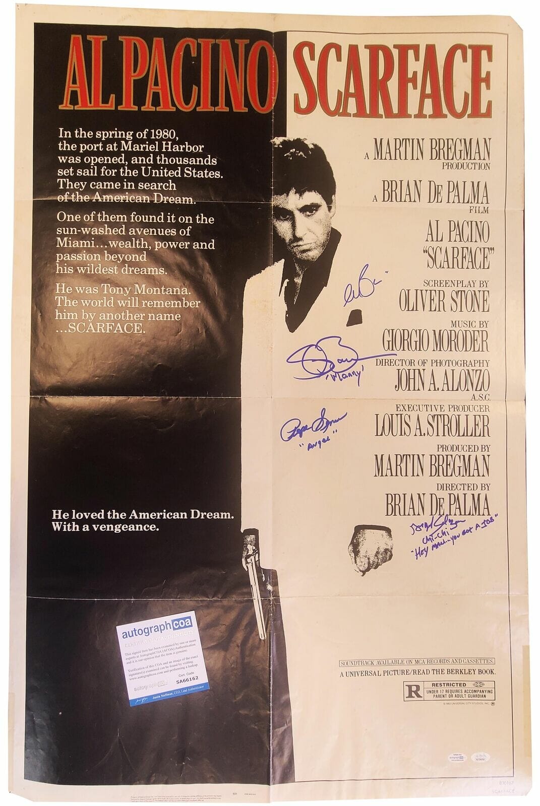 Scarface Cast Al Pacino Plus Signed 1983 Original Poster w Quotes ACOA ...