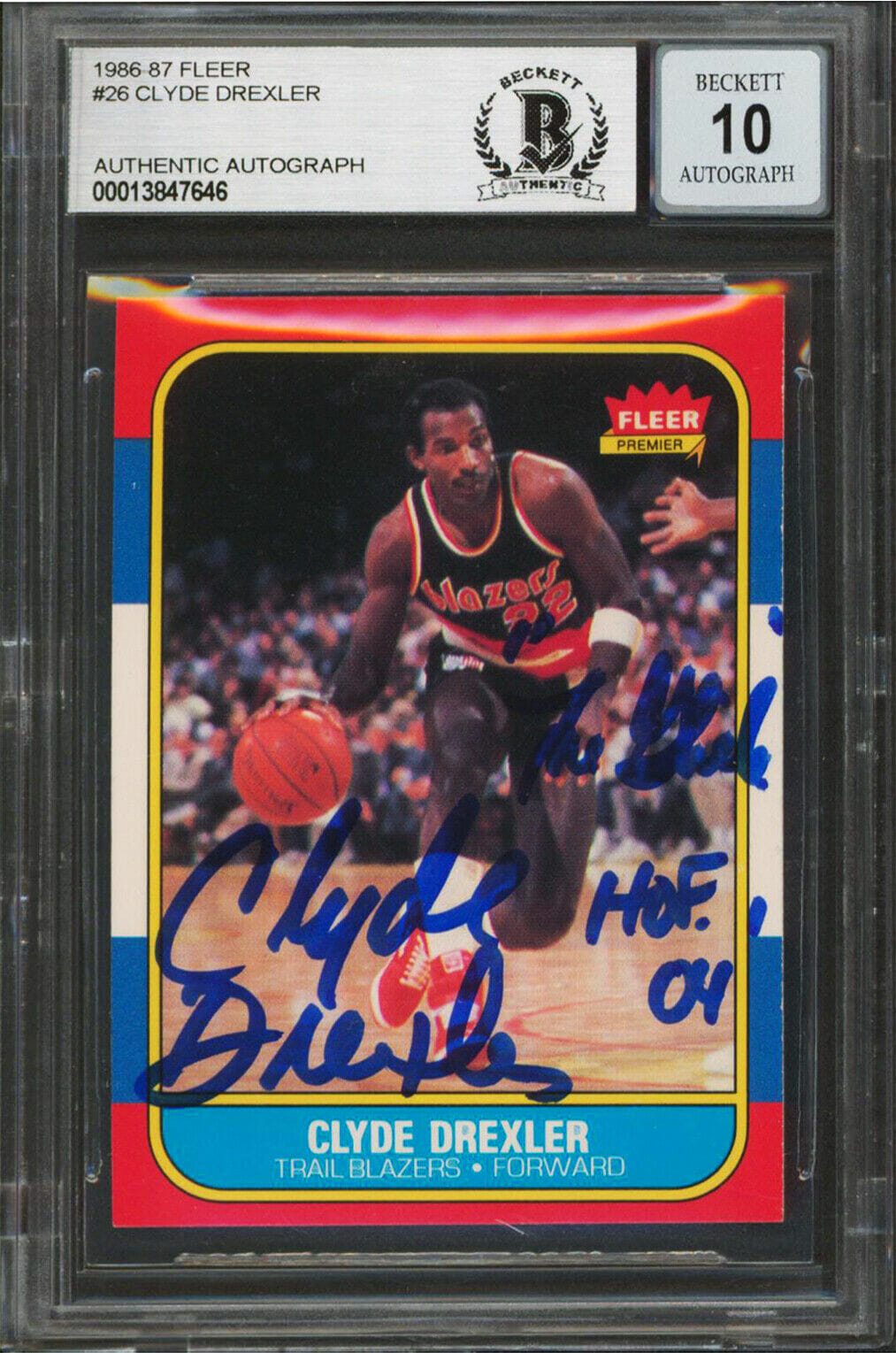 Blazers Clyde Drexler "2x Insc" Signed 1986 Fleer #26 RC Card Auto 10 ...