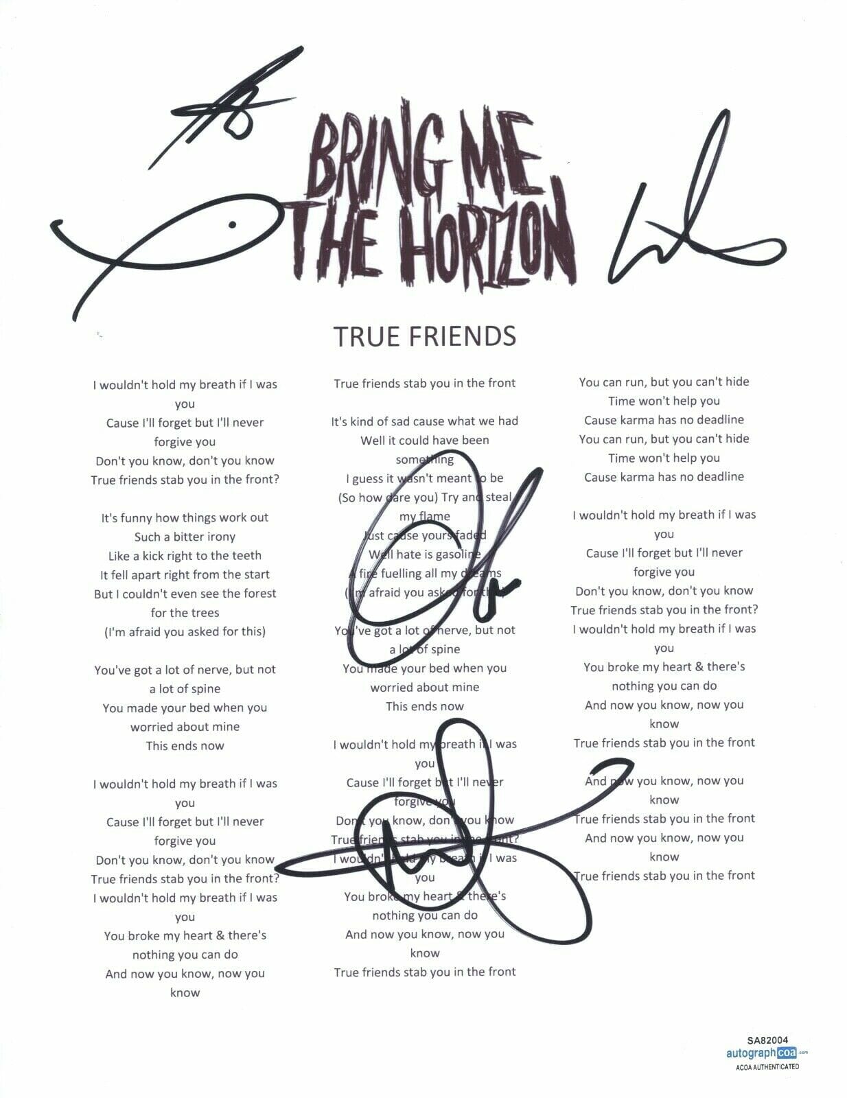 Bring Me The Horizon Signed True Friends Song Lyric Sheet Oli Sykes +4 ...