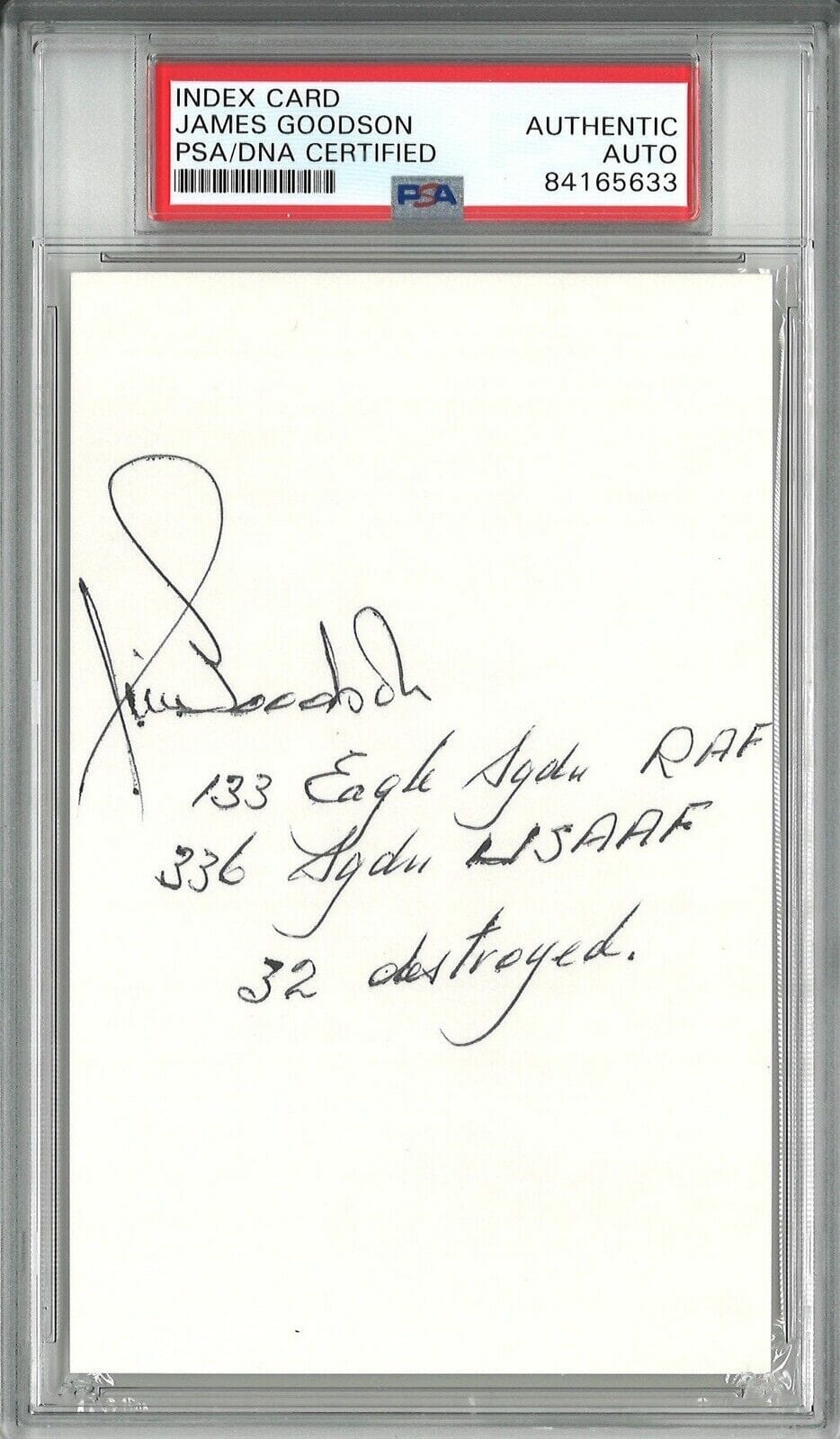 JAMES GOODSON SIGNED INDEX CARD PSA DNA 84165633 (D) WWII ACE 4TH FG 32 ...