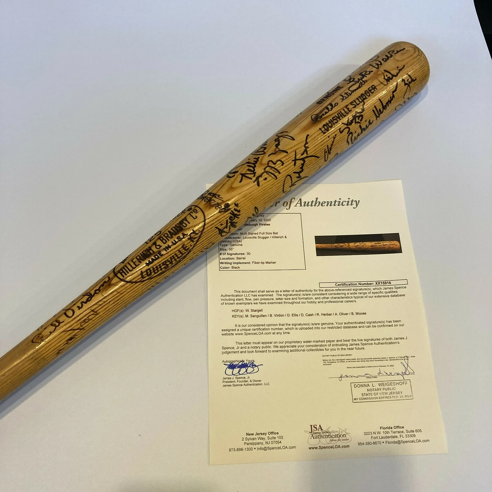 1973 Pittsburgh Pirates Team Signed Game Issued Baseball Bat With JSA ...