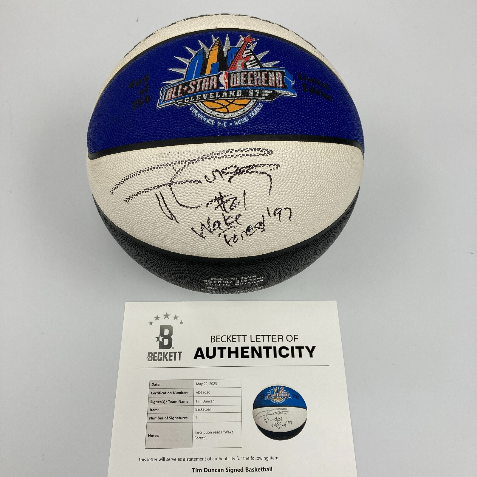 Tim Duncan "#21 Wake Forest" Rookie Signed All Star Game Basketball ...