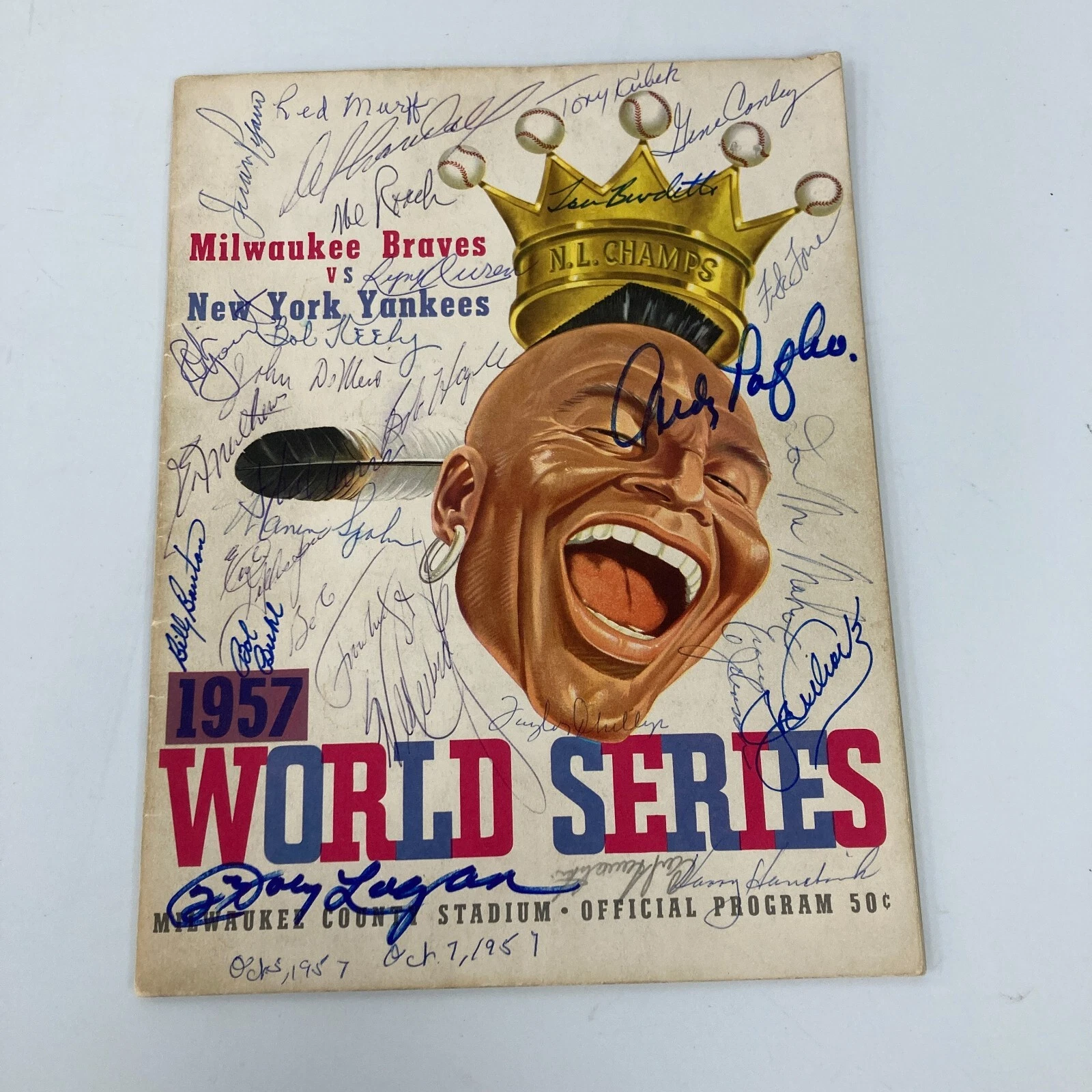 1957 Milwaukee Braves World Series Champs Team Signed Program Hank ...