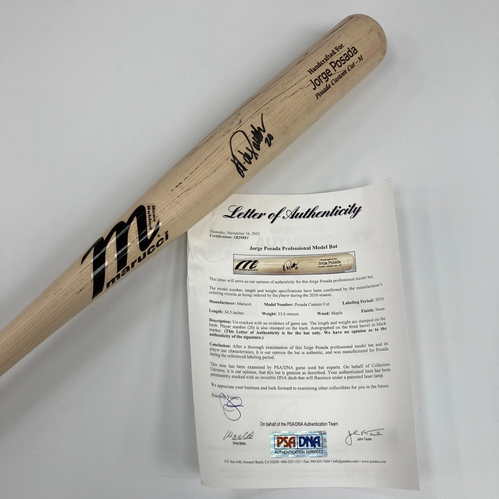 Jorge Posada Signed Marucci Custom Cut-M Game Issued Bat PSA DNA ...