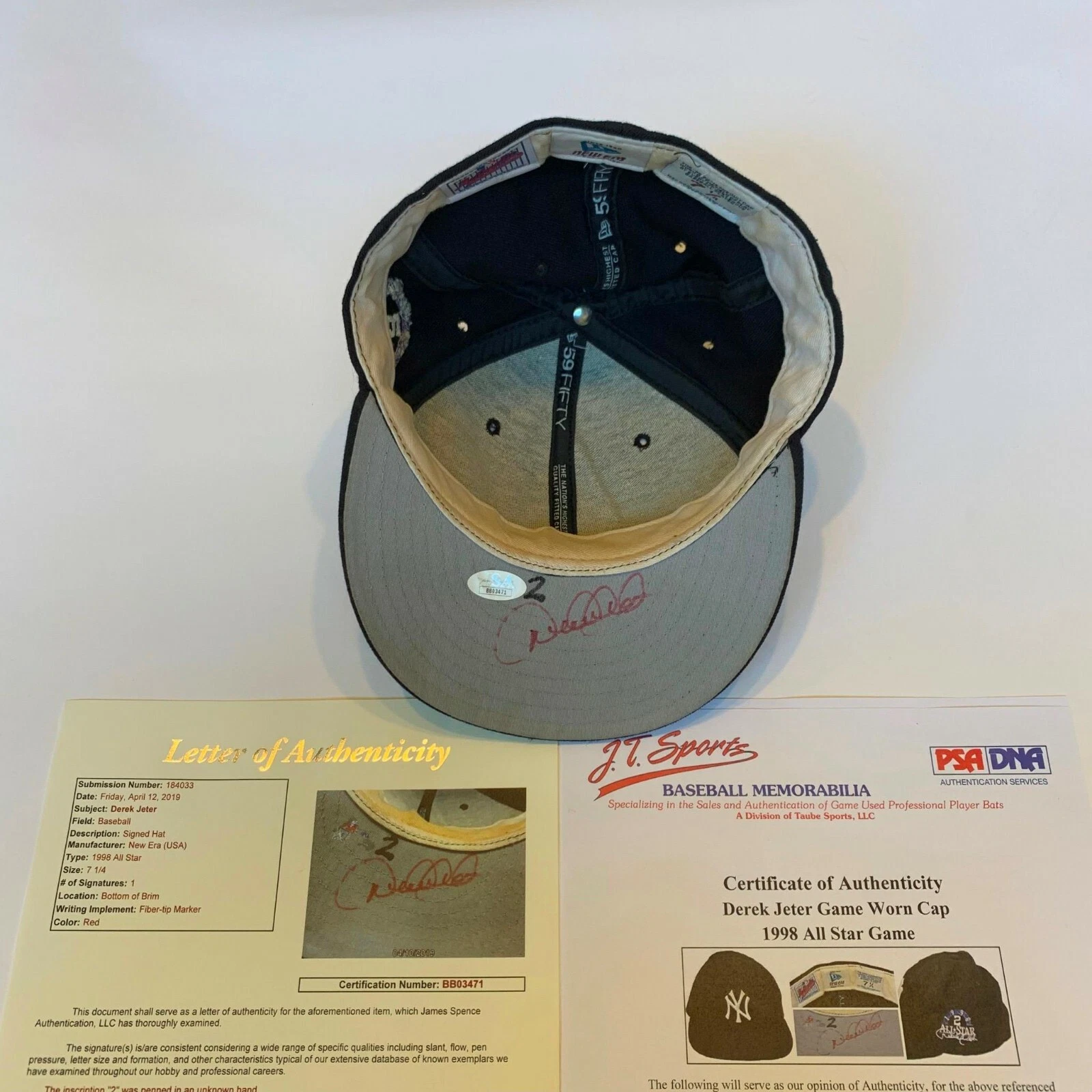 Historic Derek Jeter 1998 First All Star Game Signed Game Used Hat PSA ...