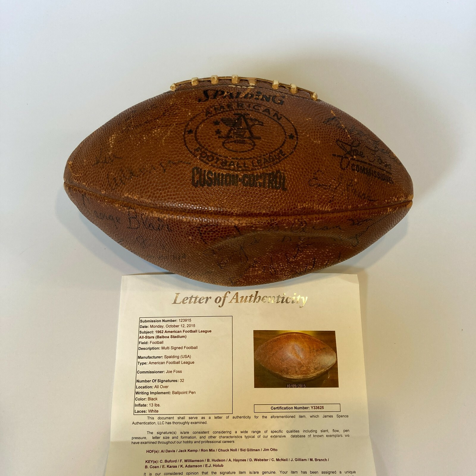 1962 All Star Game AFL Team Signed Game Used Football Al Davis Jack ...