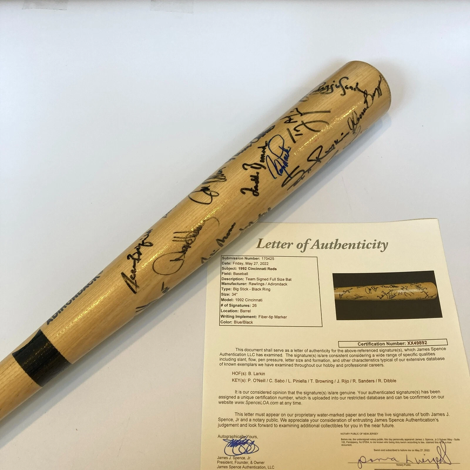 1992 Cincinnati Reds Team Signed Baseball Bat 26 Sigs Barry Larkin JSA ...