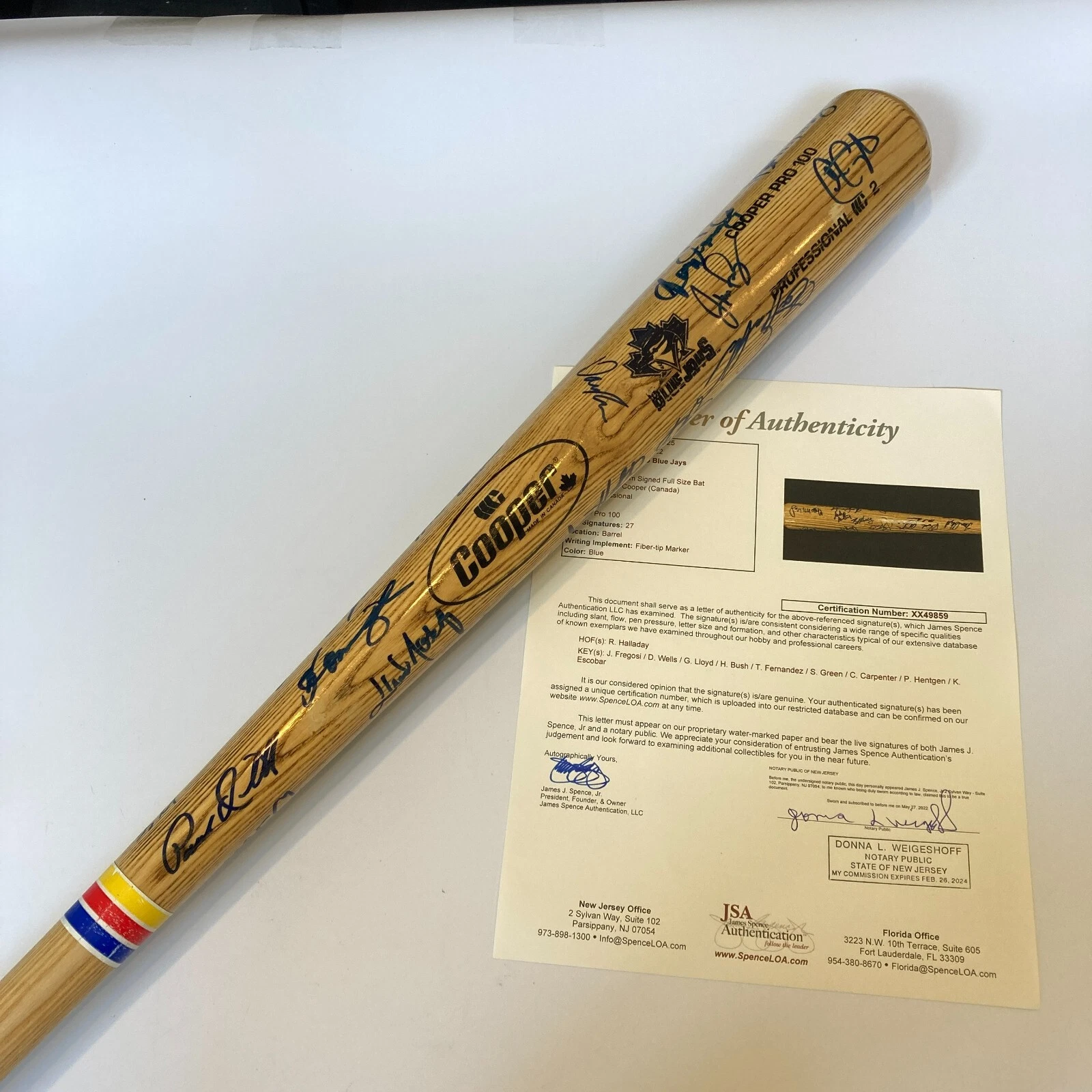 Roy Halladay Rookie 1999 Toronto Blue Jays Team Signed Baseball Bat JSA ...