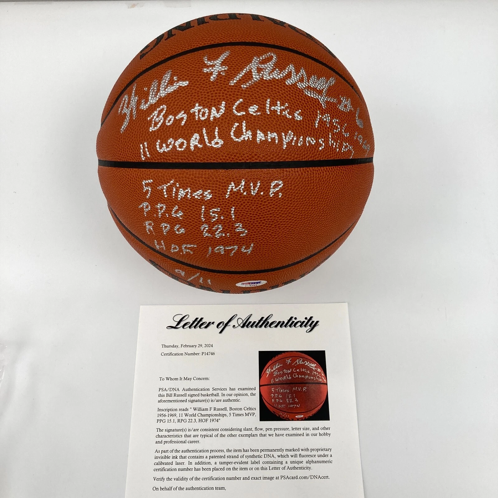 Bill Russell Full Name Signed Heavily Inscribed STAT Basketball #9/11 ...
