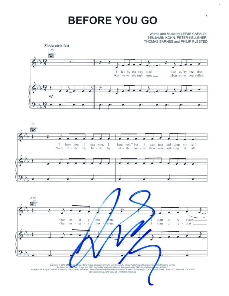 Lewis Capaldi Signed Autograph Before You Go Sheet Music - Divinely ...