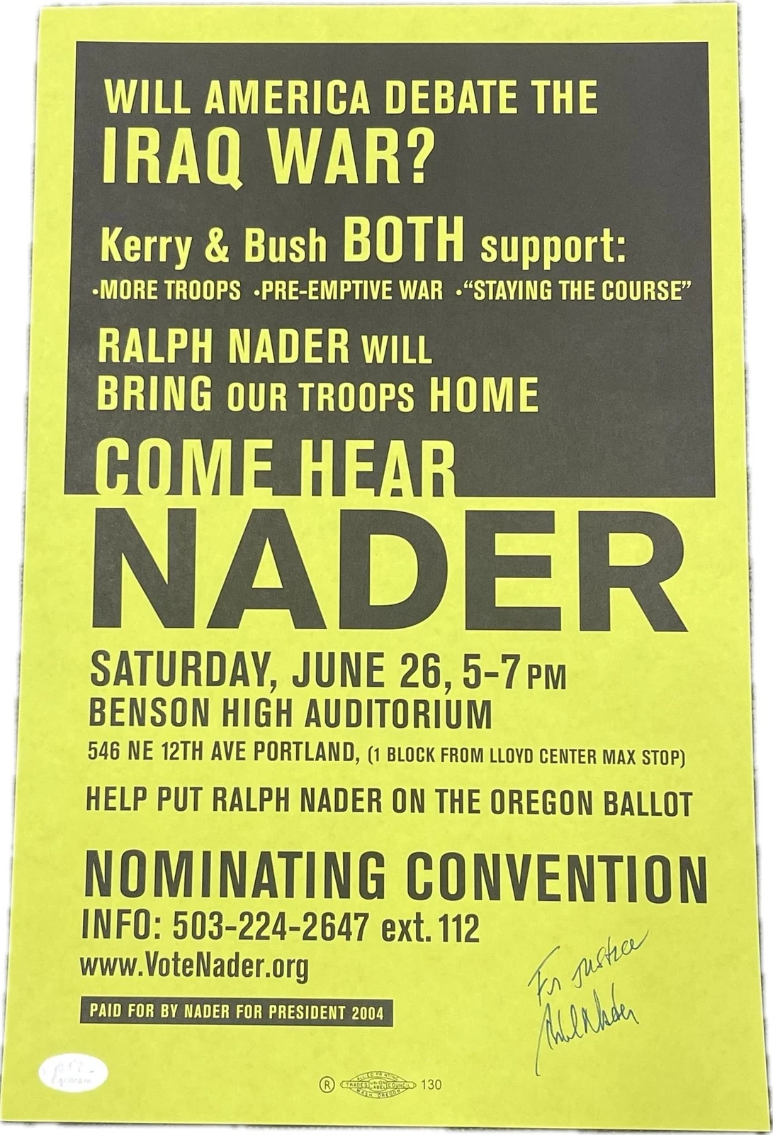 Ralph Nader Signed Poster PSA Autographed Musician | Autographia