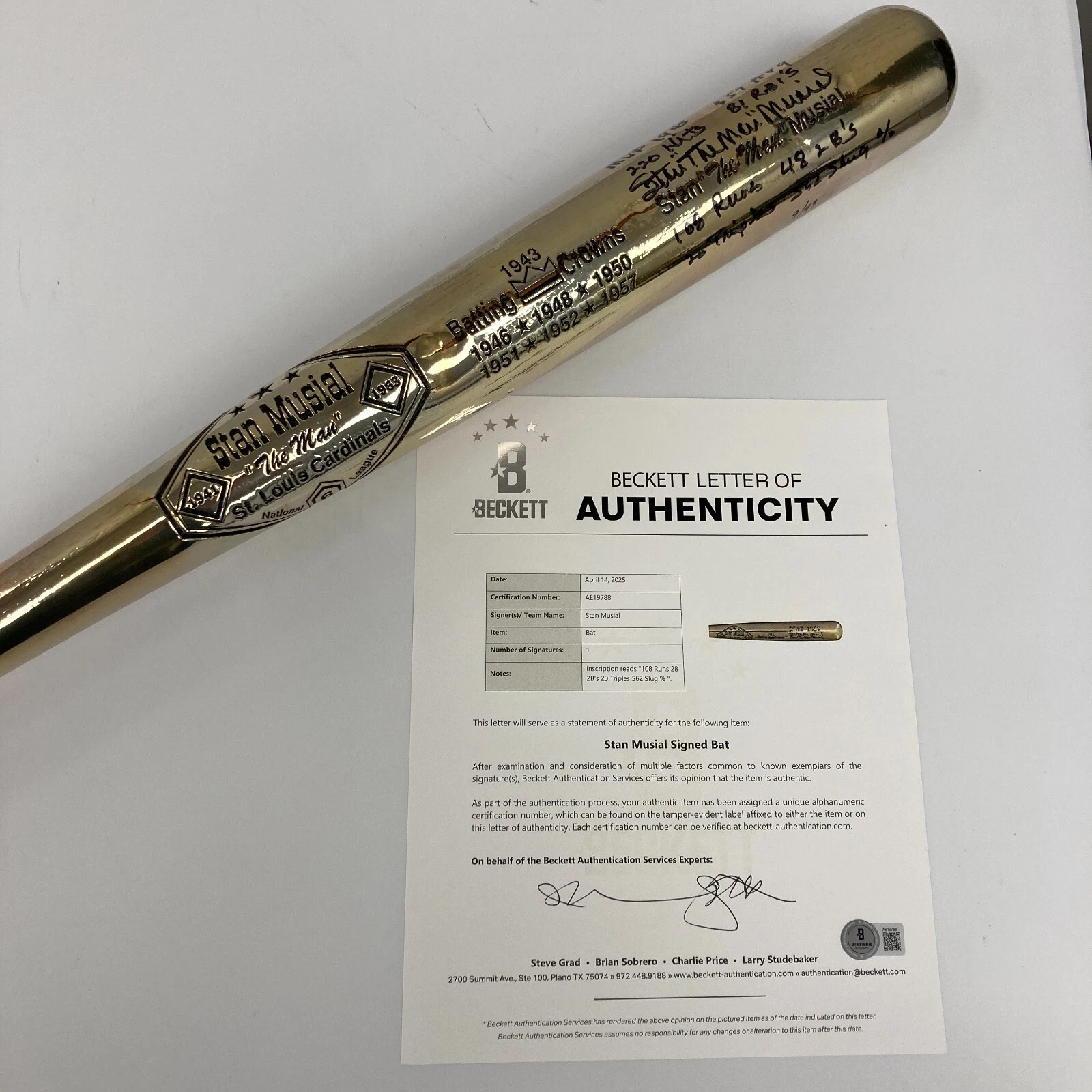 Stan Musial Batting Champion Signed Inscribed STATS Silver Baseball Bat ...