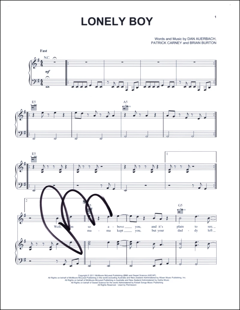 Patrick Carney The Black Keys Signed Autograph Lonely Boy Sheet Music ...