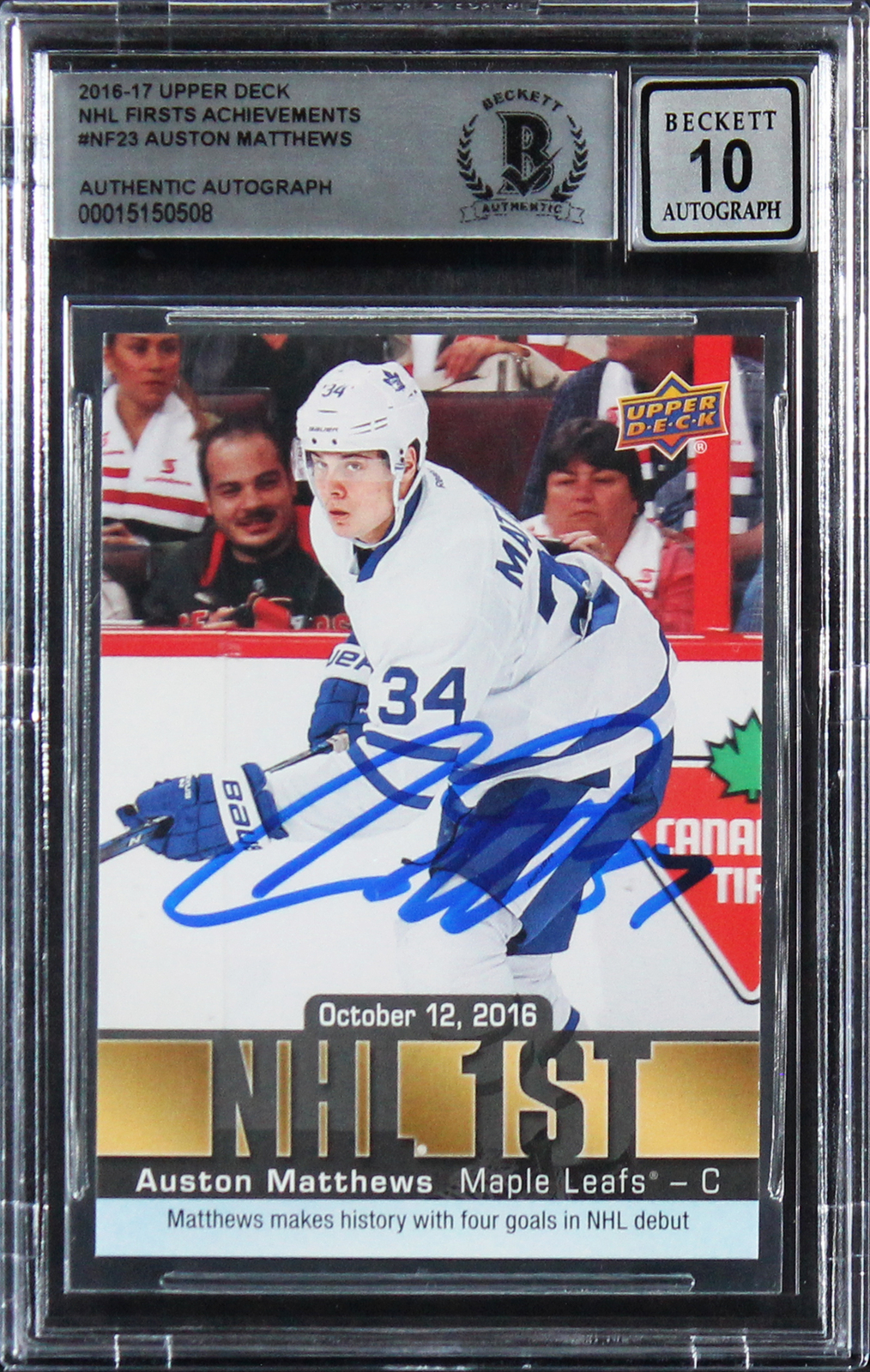 Auston Matthews Signed 2016 Upper Deck NHL Firsts #NF23 RC Card Auto 10 ...