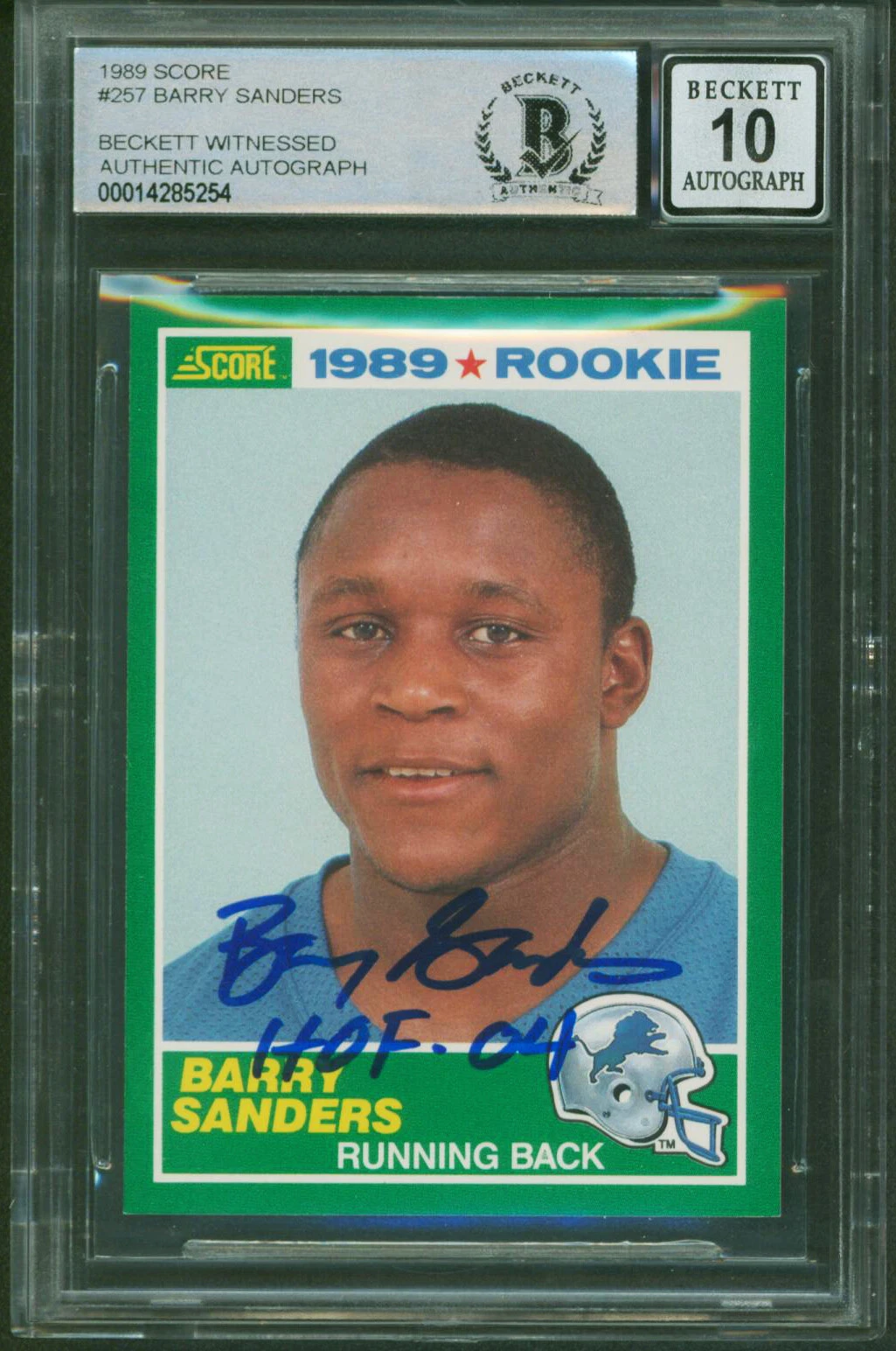 Lions Barry Sanders "HOF 04" Signed 1989 Score #257 Rookie Card Auto 10 ...