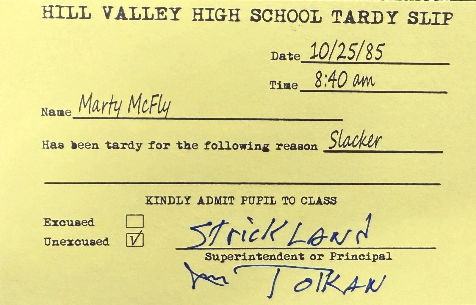James Tolkan Signed Back to the Future Prop Replica Tardy Slip ...