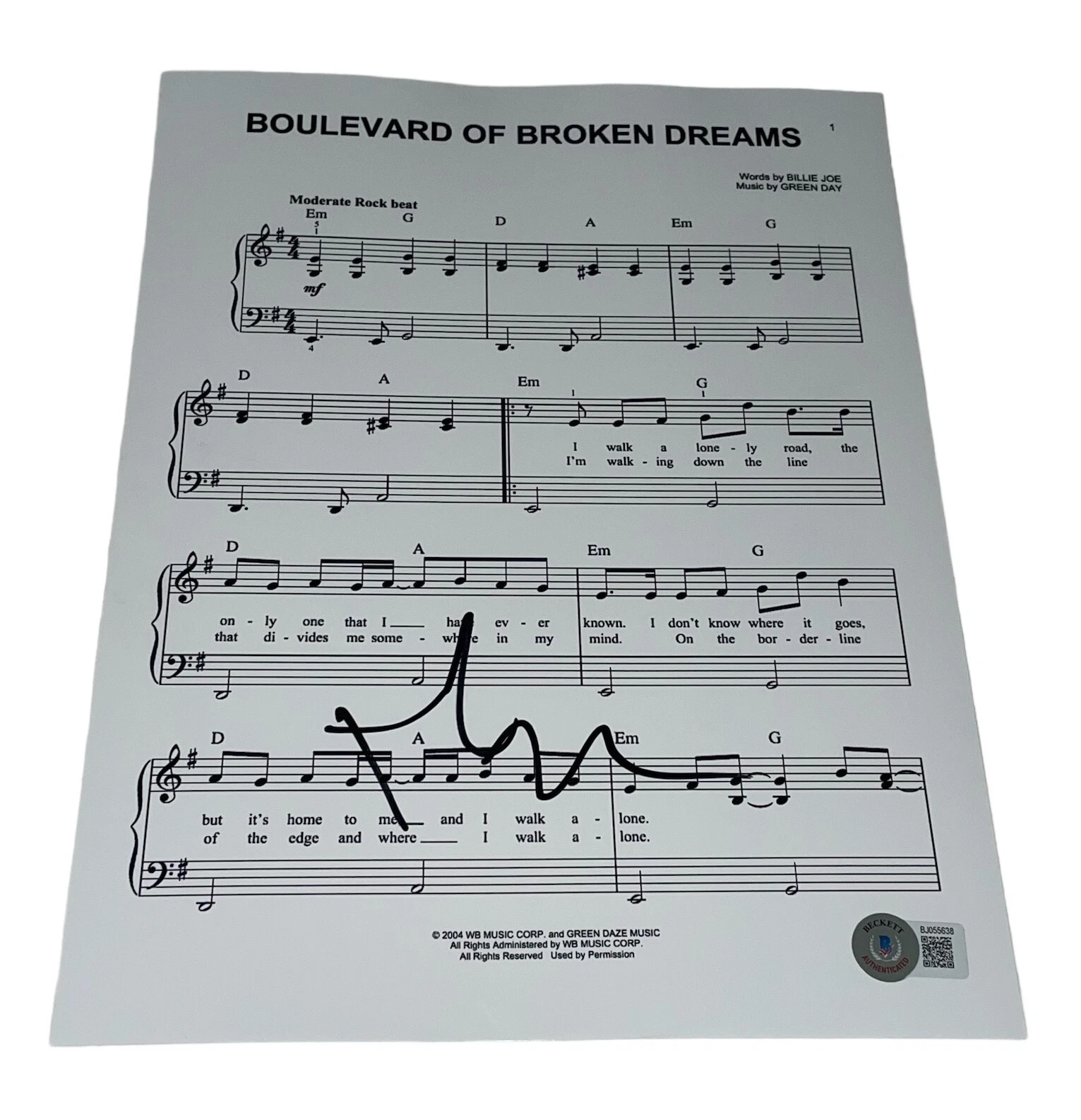 Tre Cool Signed Green Day Boulevard of Broken Dreams Sheet Music ...