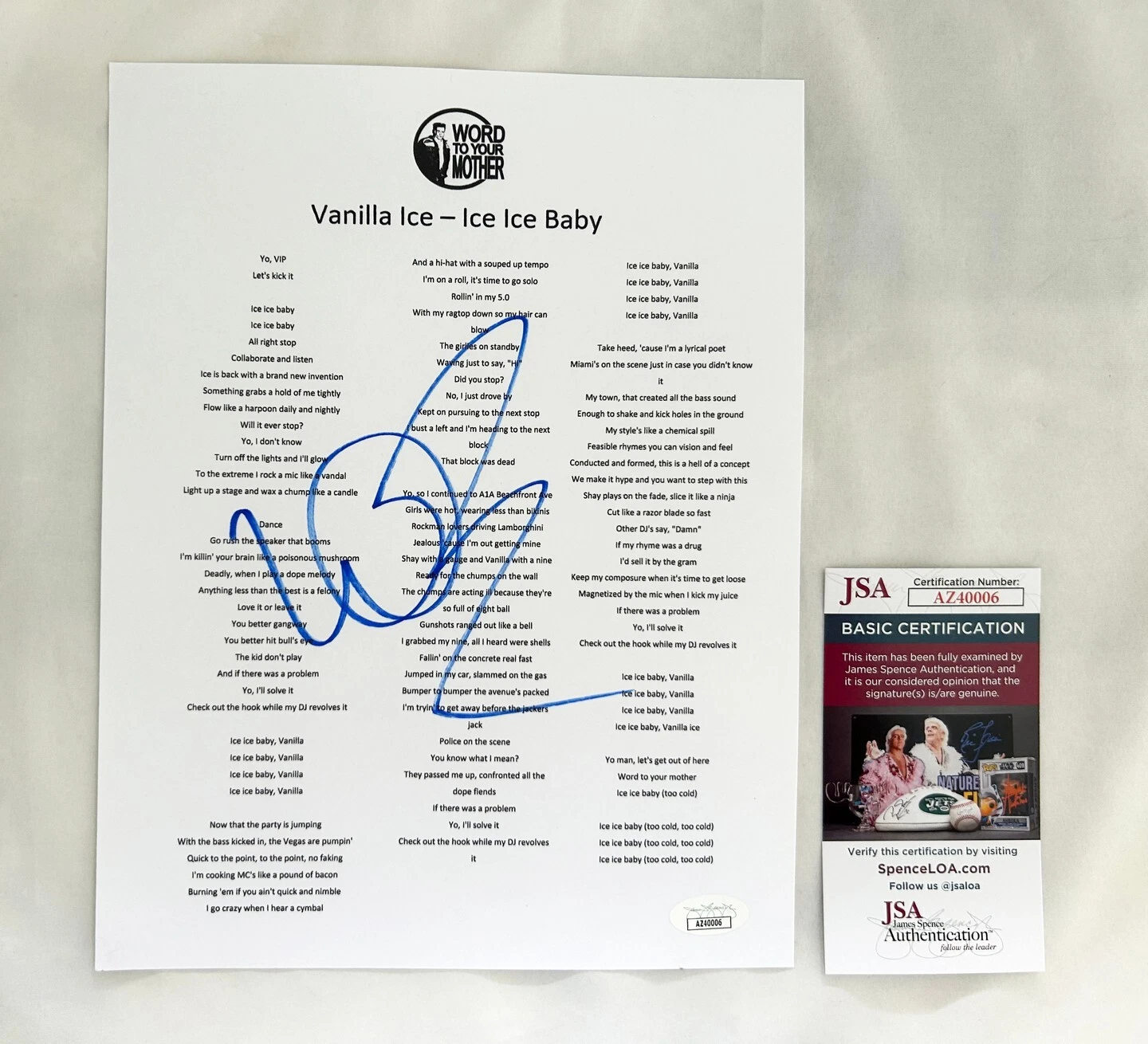 Vanilla Ice Signed Lyric Sheet Ice Ice Baby JSA 5 COA | Autographia
