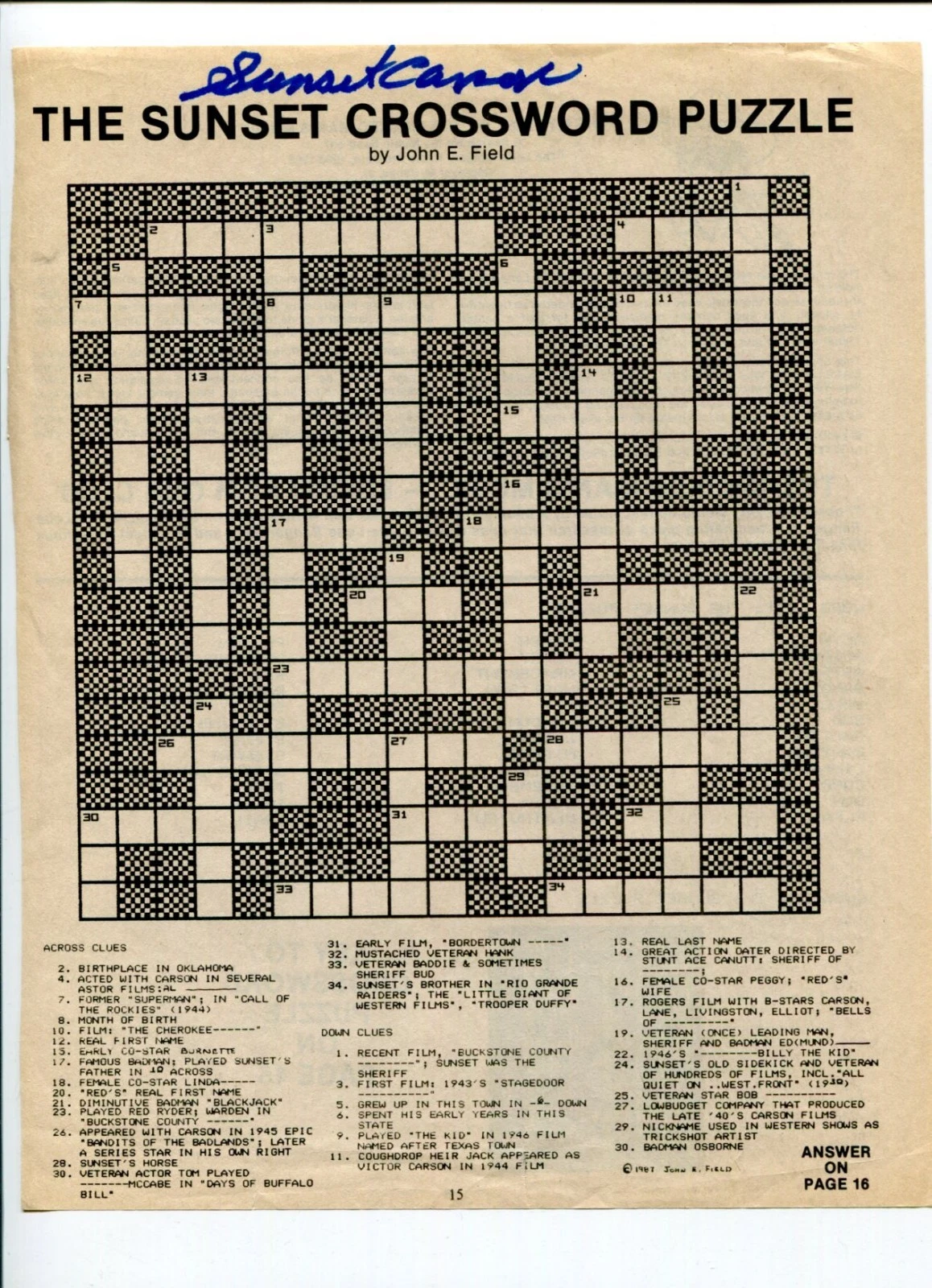 Sunset Carson Western Cowboy Movie Star Signed Autograph Crossword ...