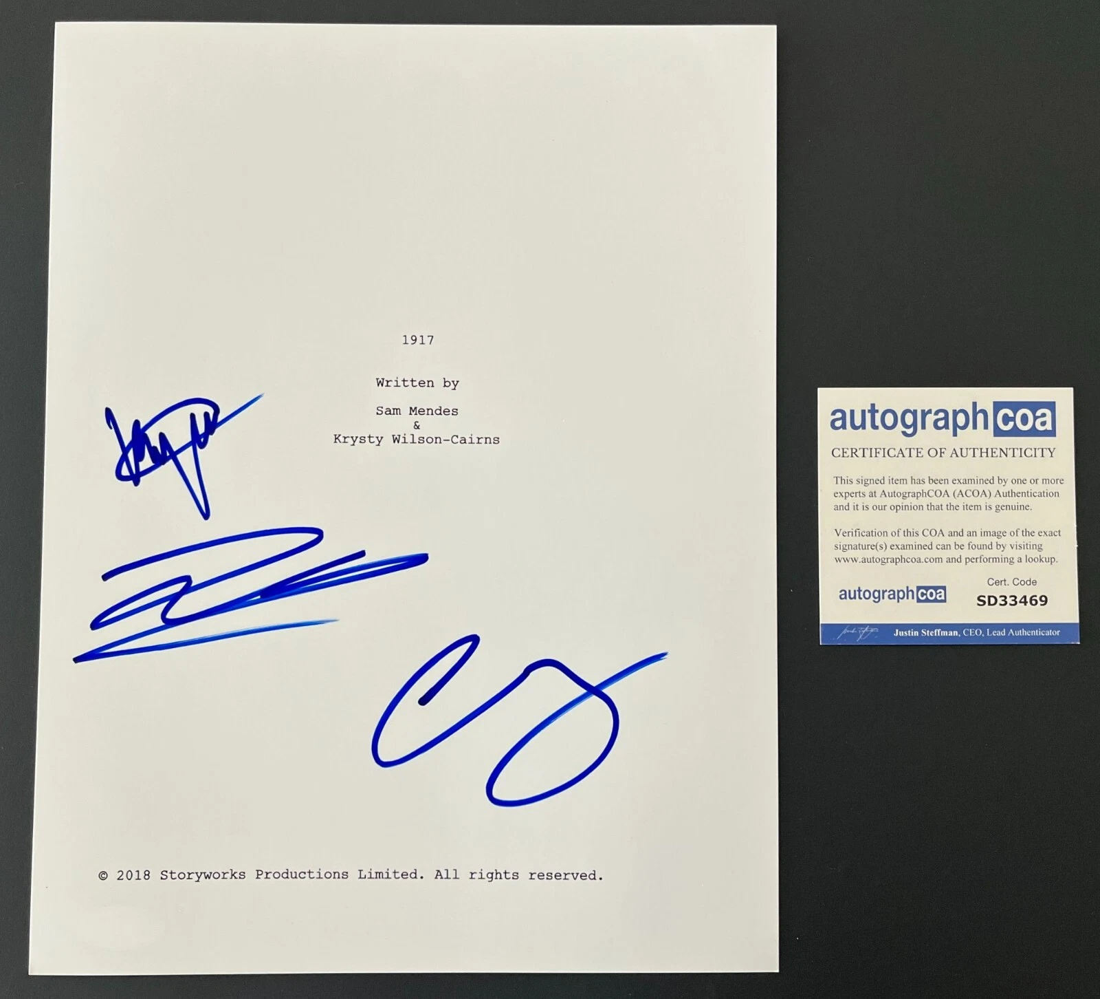 GEORGE MACKAY & DEAN CHARLES CHAPMAN +1 SIGNED 1917 SCRIPT w/EXACT ...