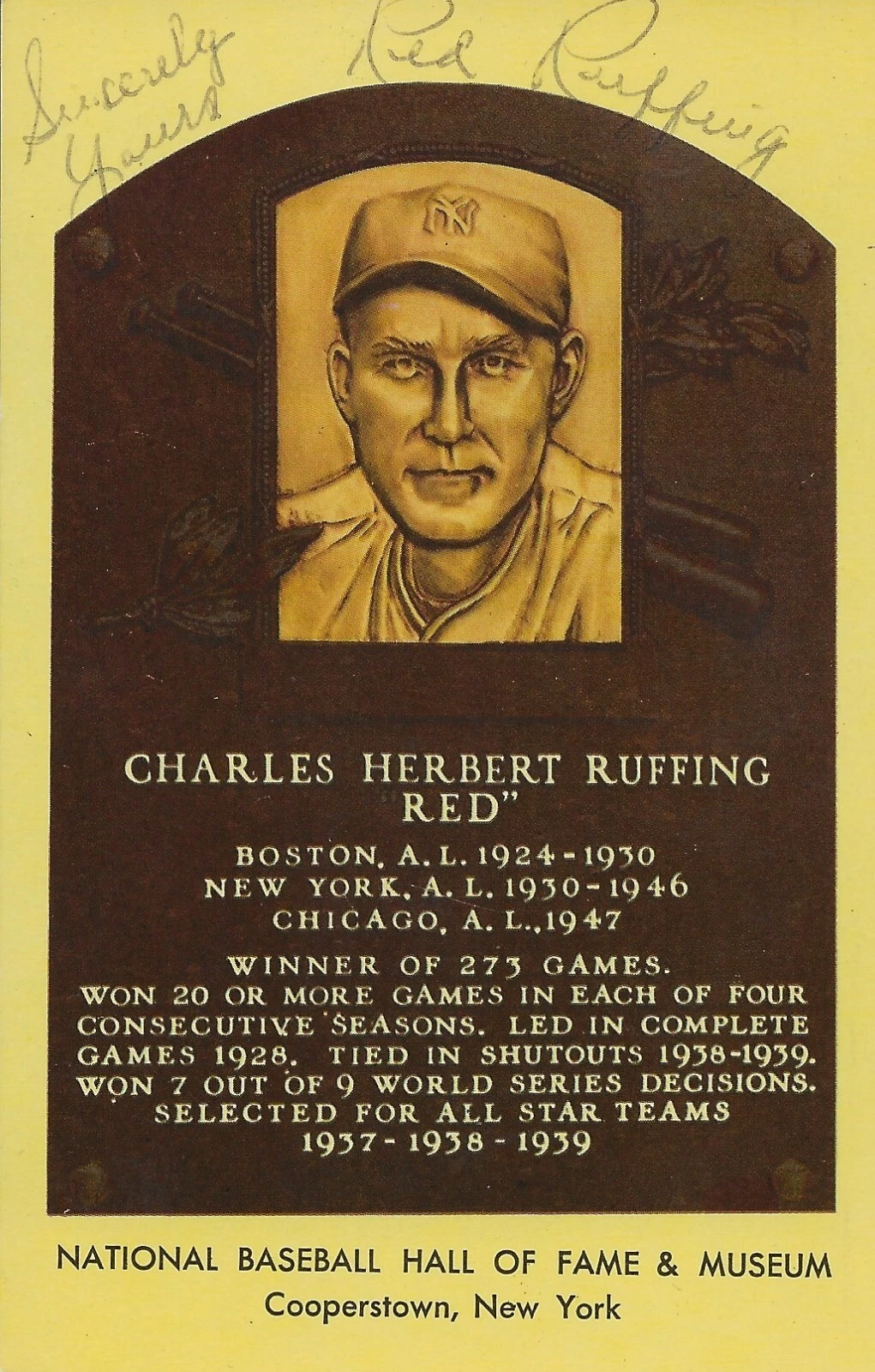 Charles "Red" Herbert Ruffing SIGNED Hall Of Fame Plaque Postcard JSA w ...
