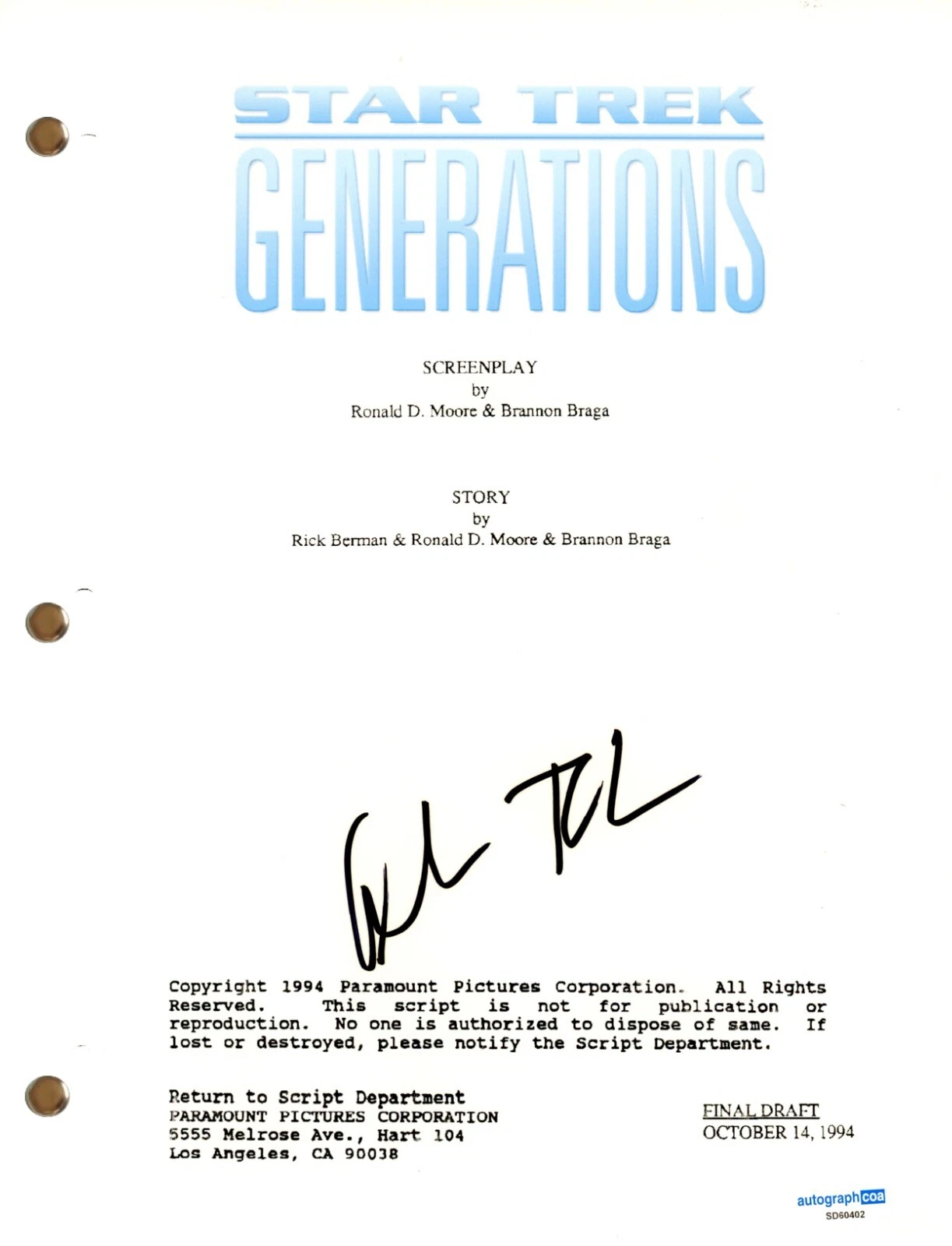 Alan Ruck “Star Trek Generations” Signed Autograph Movie Script Screenplay ACOA | Autographia