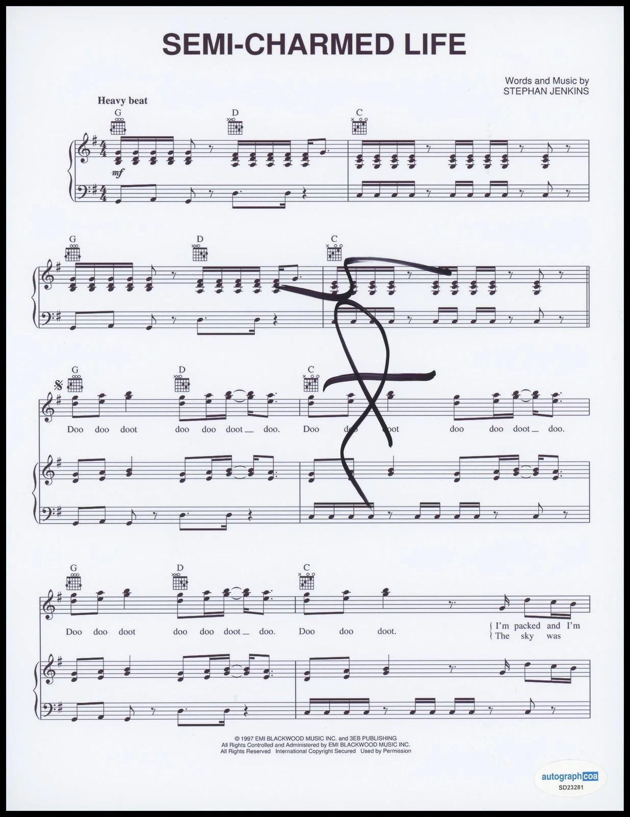 Stephan Jenkins "Third Eye Blind" SIGNED 'Semi-Charmed Life' Sheet ...