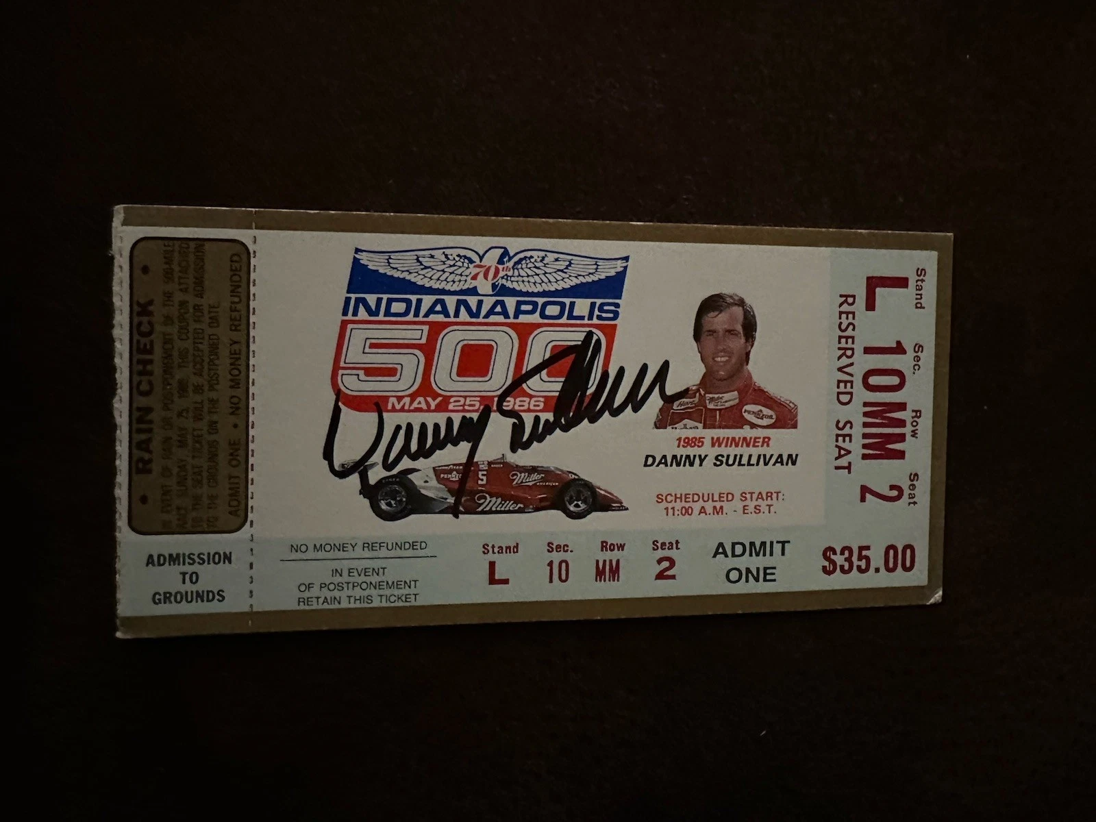 1986 Indy 500 Danny Sullivan Signed Ticket Stub (1985 Indy Race Winner ...