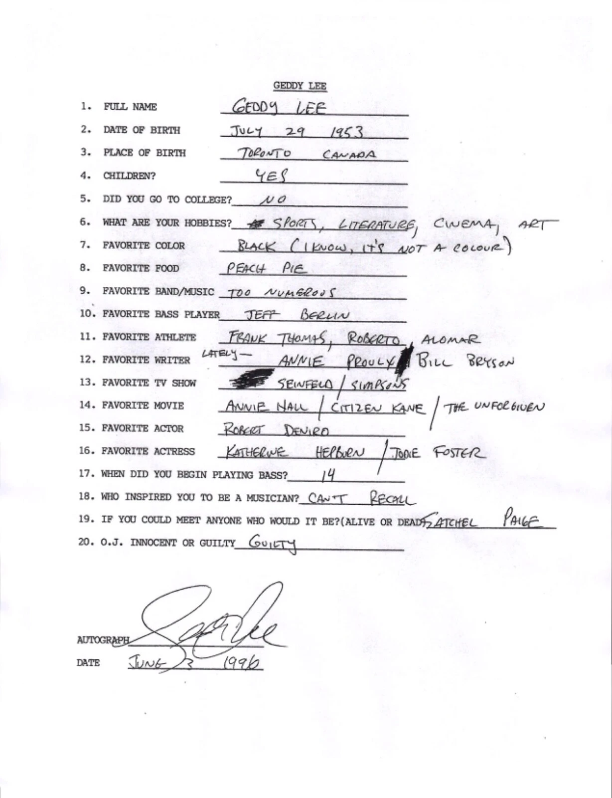 GEDDY LEE SIGNED+FILLED OUT 20 QUESTIONS RUSH BASS PLAYER+SINGER ...